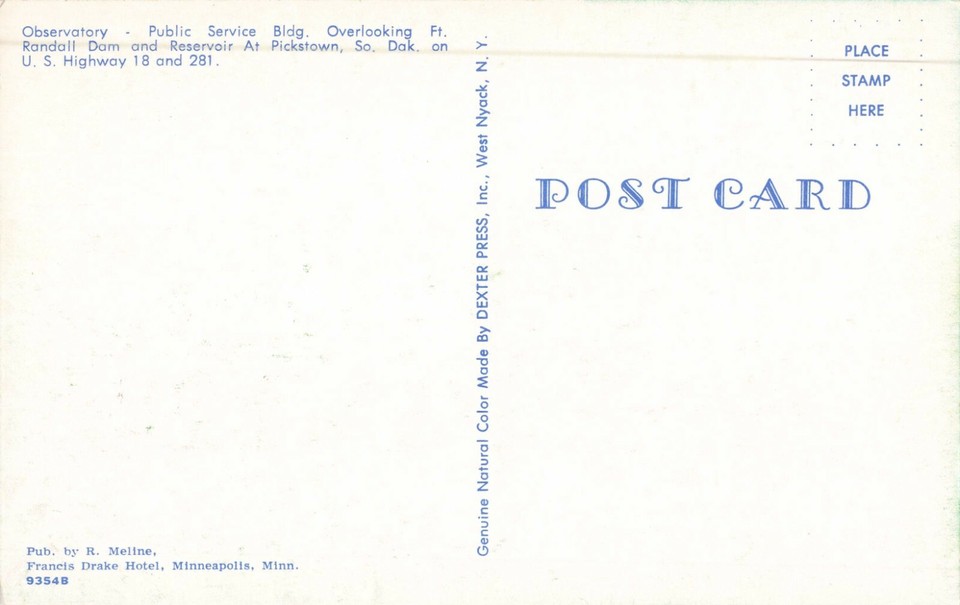 Postcard Observatory Over Looking Fort Randall Dan Pickstown South ...