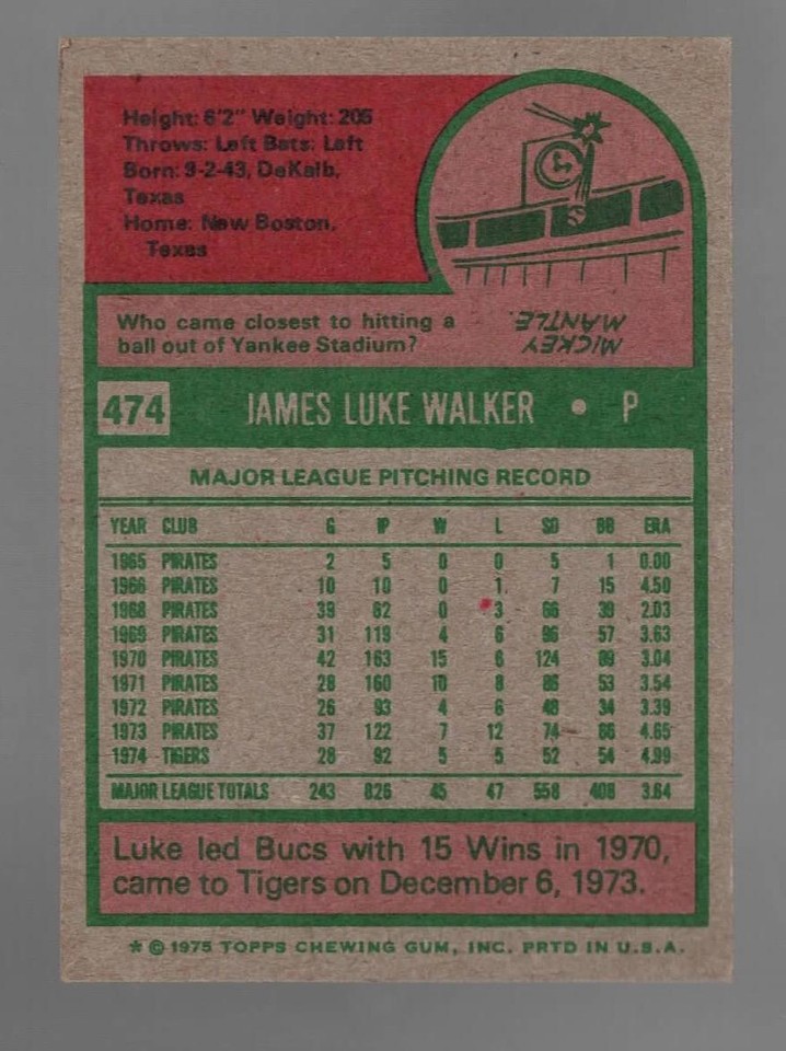 1975 Topps Luke Walker Detroit Tigers #474 Excellent | eBay