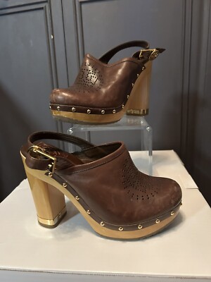 Tory Burch Brown Leather Sz6 Logo Studded Slingback Wooden Heels Clogs ...