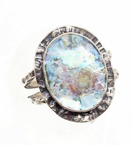 Roman Glass Silver 925 Ring Ancient Oval Fragment 200 BC Bluish Patina ...