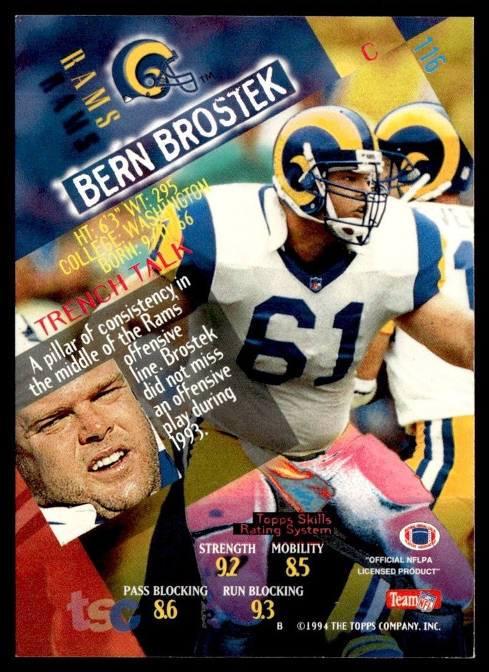 1994 Stadium Club Bern Brostek Rookie St. Louis Rams #116 | eBay
