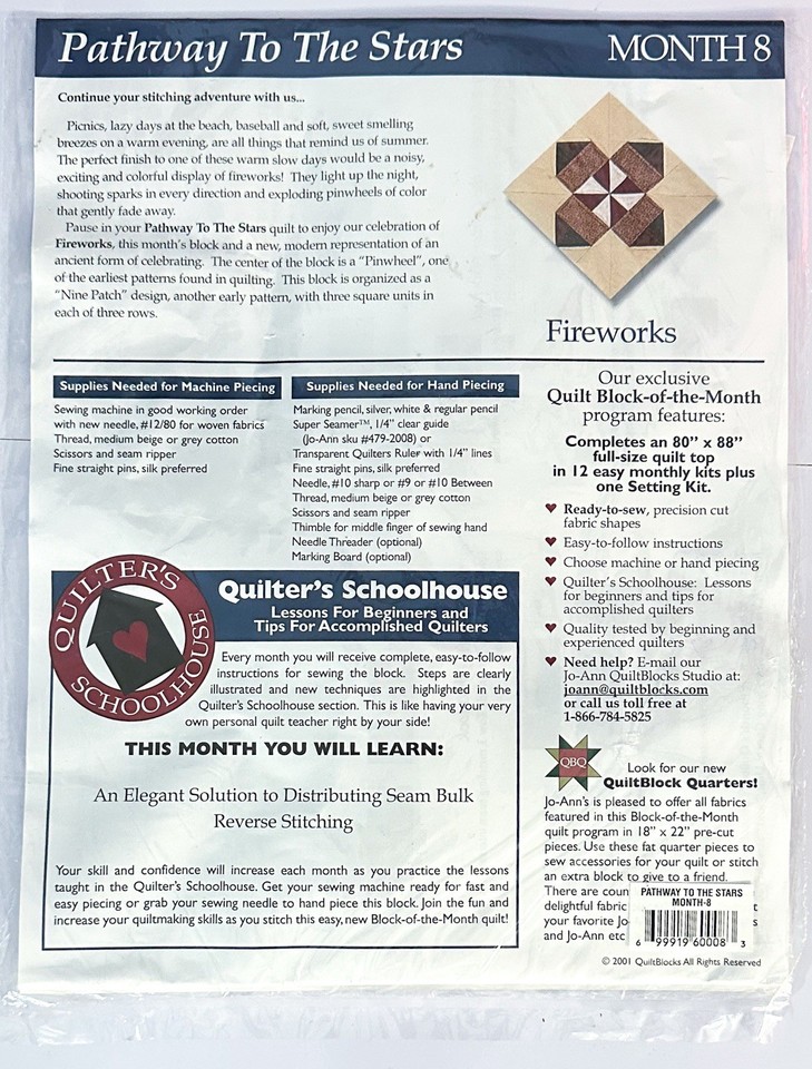 Joann Fabric Pathway To The Stars Quilt Blocks Month 8 FIREWORKS w ...