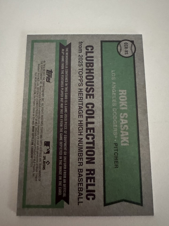 Roki Sasaki RC 2025 Topps Heritage High Number Clubhouse Relic Dodgers ...