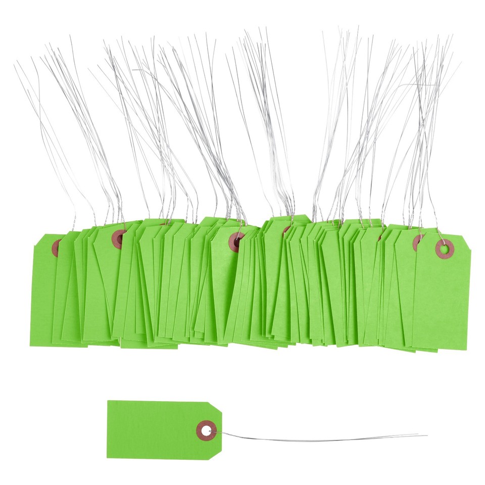 100 Green Tags with Wire 3 1/4 x 1 5/8" Size 2 Inventory Price Hang ...