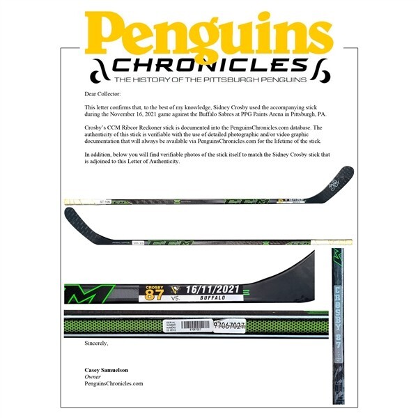 Sidney Crosby Game Used & Signed Hockey Stick Pittsburgh Penguins With ...