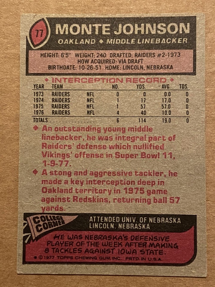 MONTE JOHNSON Signed ROOKIE 1977 Topps #77 Raiders Nebraska RC ...