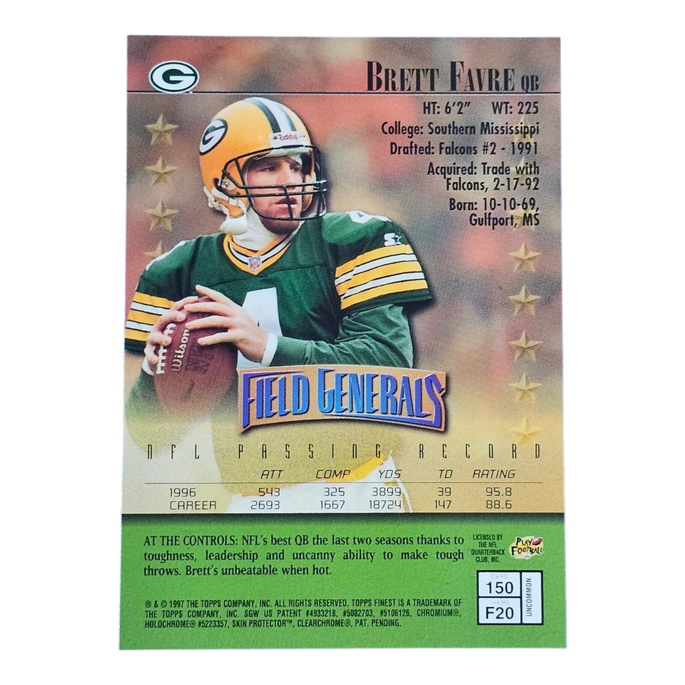 1997 Topps Finest | Field Generals | Card 150 Theme F20 | Brett Favre ...