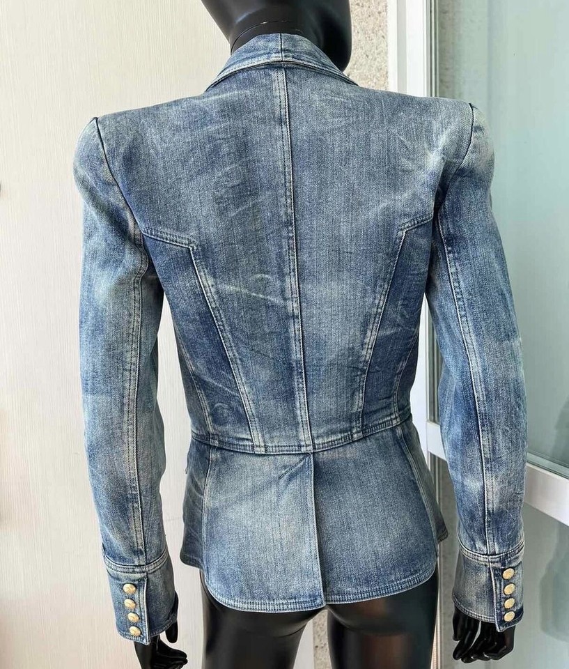 Stunning Authentic Balmain Washed Blue Denim Gold Buttons Jacket Blazer ...