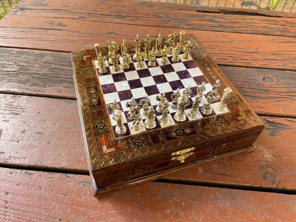 Pearl Chessbox w Handmade Chess Set - Metal Chess Pieces - Purple Chess ...