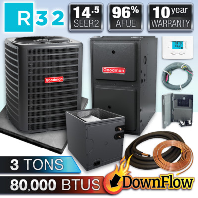 Goodman Downflow 3 Ton AC & Gas Furnace System, 14.5 SEER2 80000 BTU 96 ...