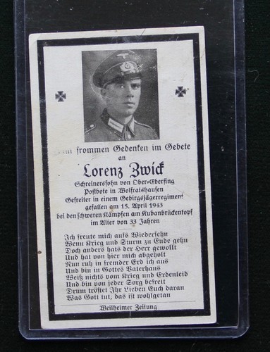 WWII German Sterbebild Card Lorenz Zwick Gebirgsjägerregiment Kuban Bridgehead | eBay