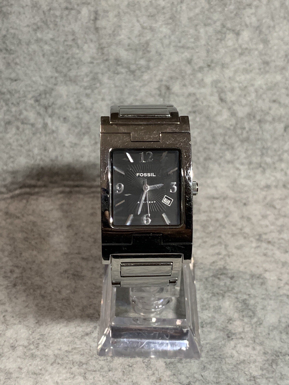 Fossil Arkitekt Watch Men Silver Tone Rectangle Black Dial Date ...