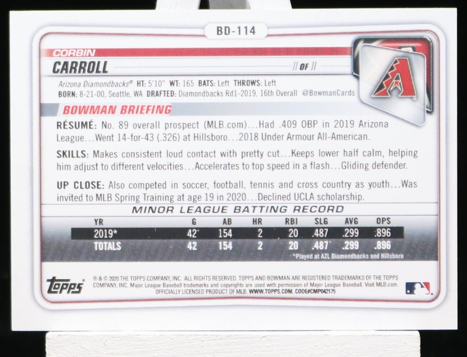 2020 Bowman Draft Corbin Carroll Paper Prospect Gold Border #50/50 ...