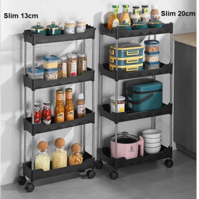 4 Tier Trolley on Wheels Kitchen Storage Cart Slim Bathroom Laundry ...