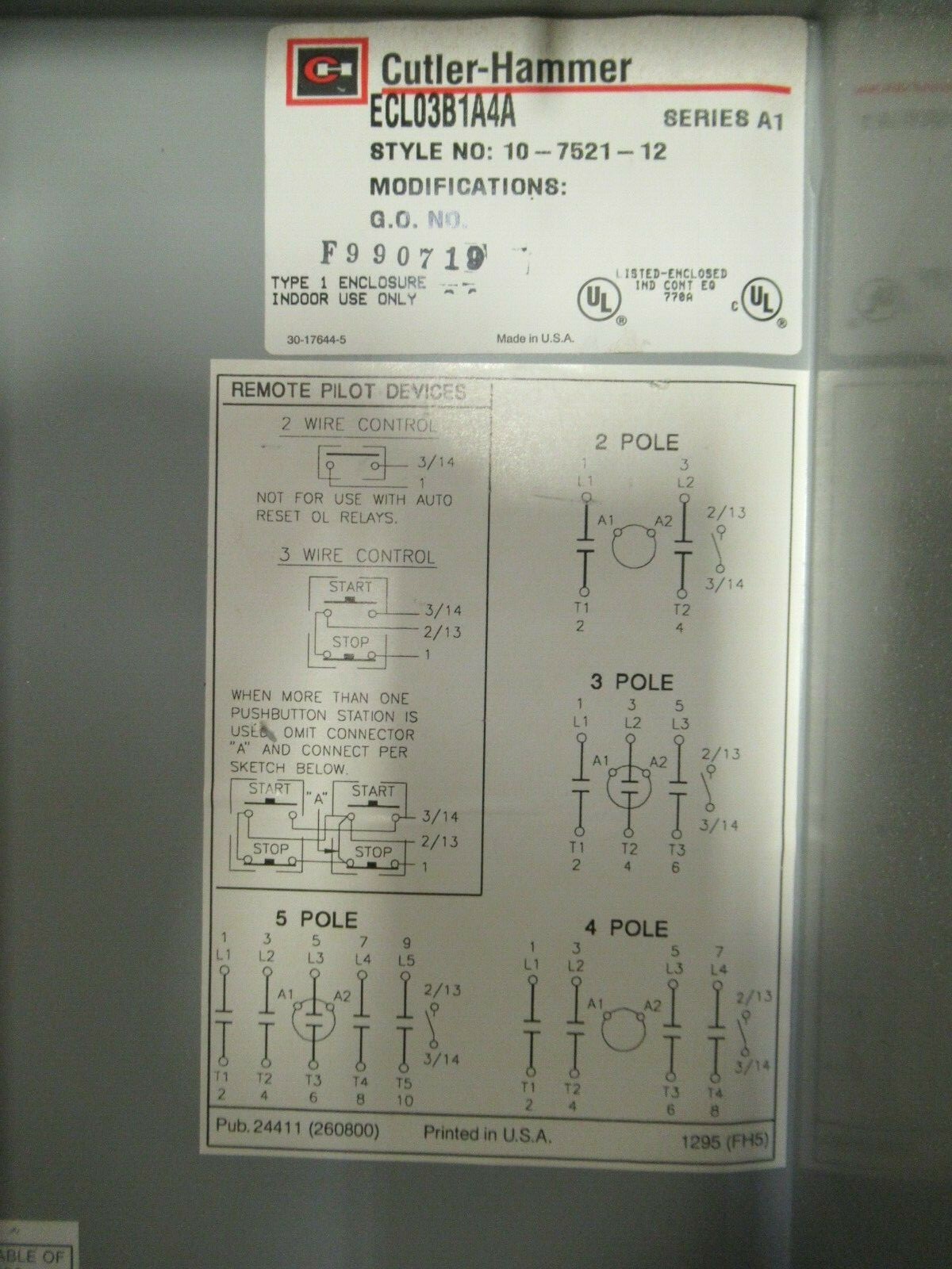 Cutler Hammer ECL03B1A4A/CN35BN4, 20 Amp, 3 Pole, EH Lighting Contactor ...
