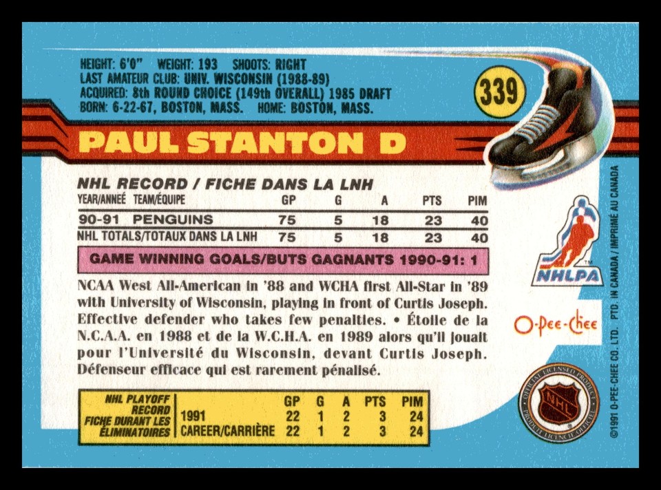 1991-92 O-Pee-Chee Paul Stanton #339 Pittsburgh Penguins Mint | eBay