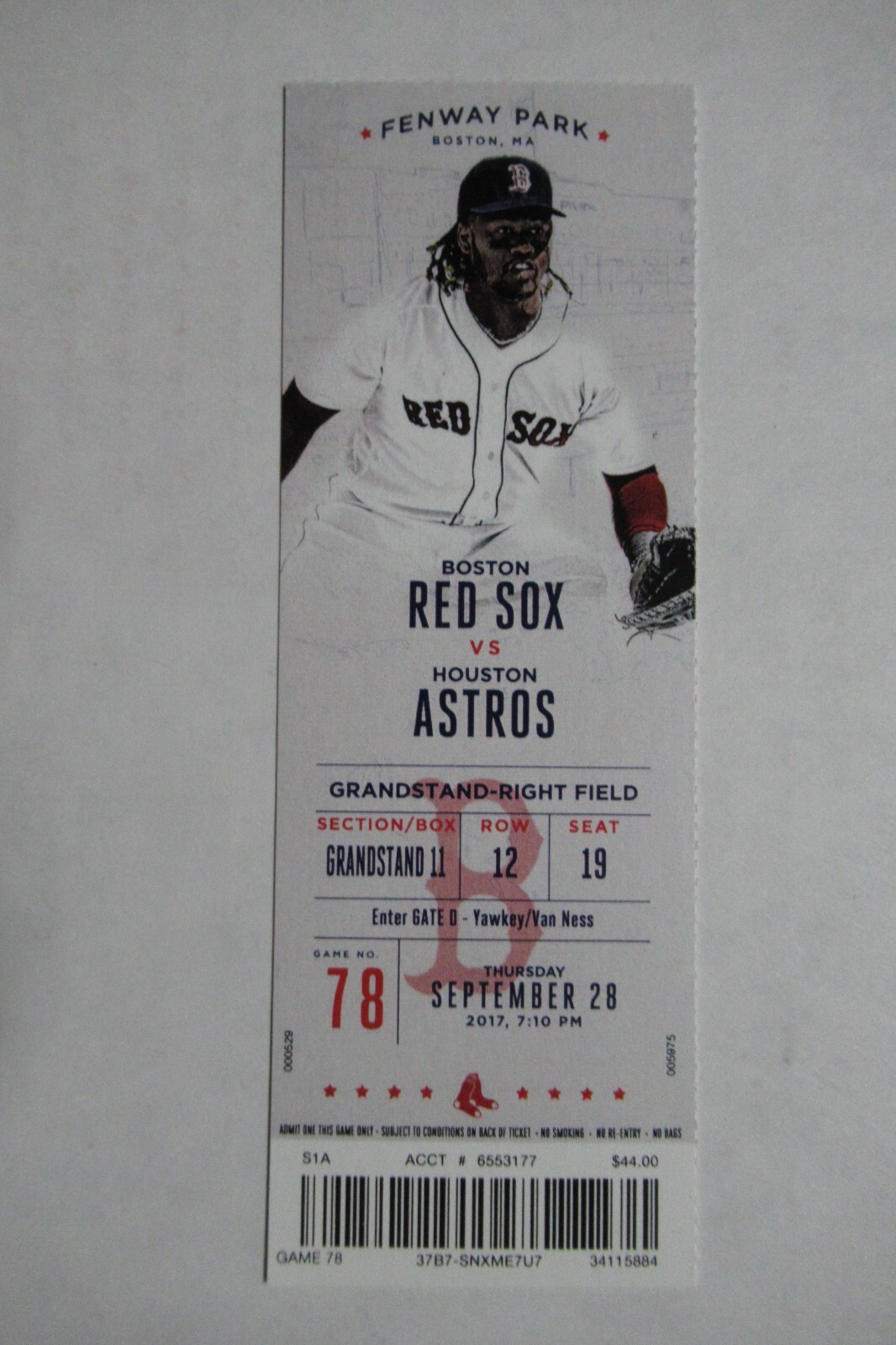 BOSTON RED SOX VS HOUSTON ASTROS 9/28/2017 FULL TICKET ~ HANLEY RAMIREZ ...