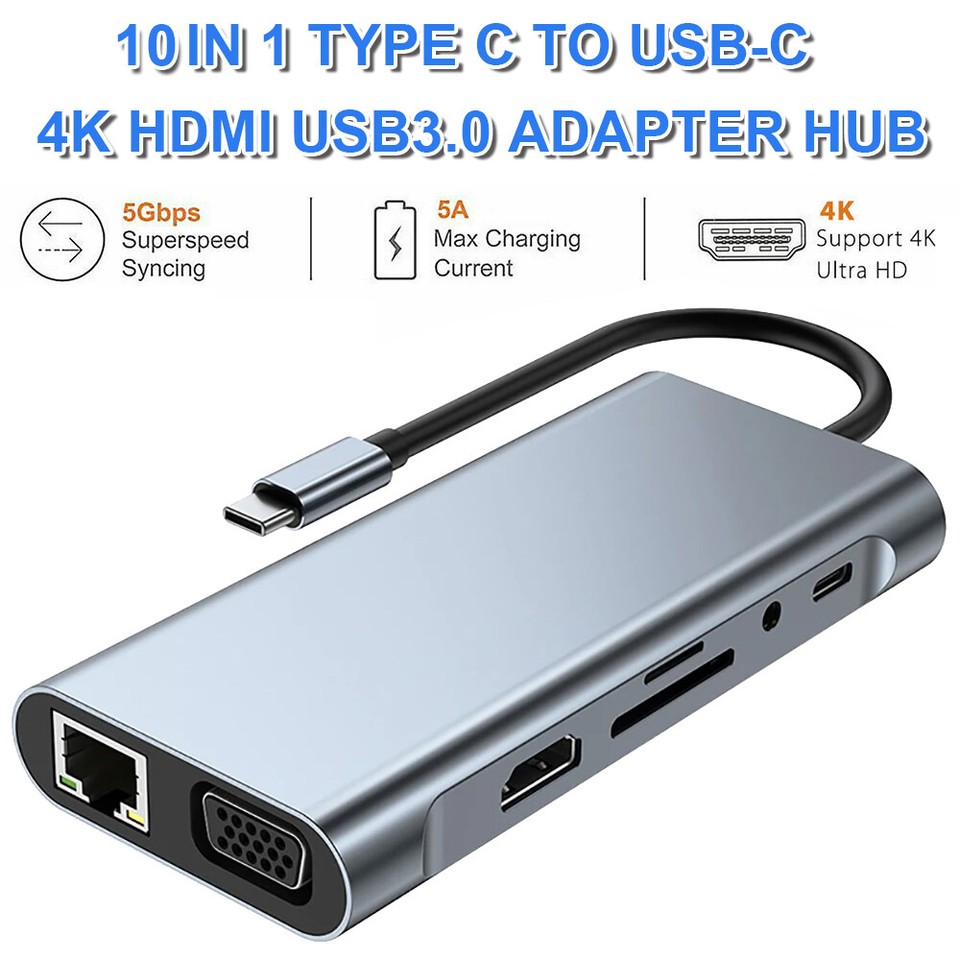 10 in 1 Multiport USB-C Type C Hub To USB 3.0 4K HDMI RJ45 SD TF Ports ...