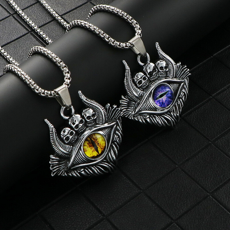 Mens Baphomet Skull Horned Demon Evil Eye Pendant Gothic Punk Necklace ...