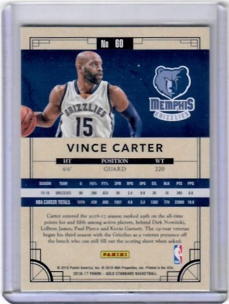 2016-17 Panini Gold Standard Vince Carter Gold Insert Card /79 Memphis ...