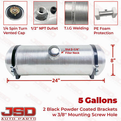 8x24'' 5 Gallon Center Fill 1/2 NPT Aluminum Spun Gas Tank Round Fuel ...