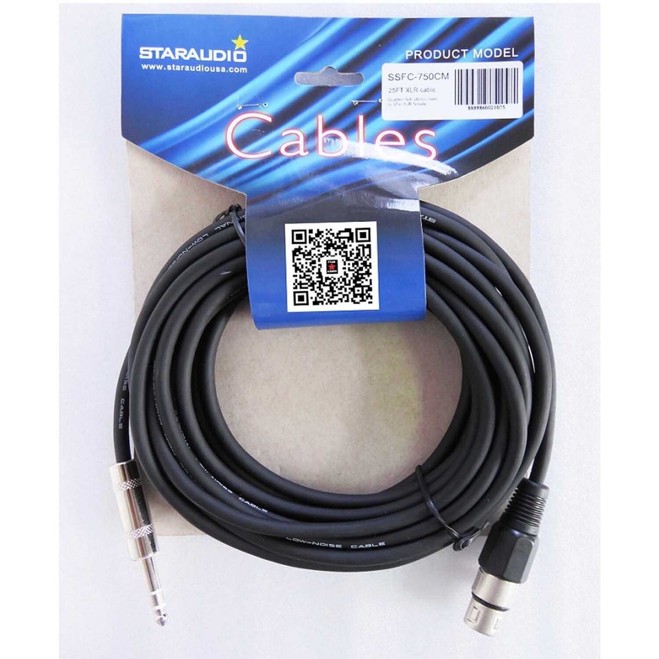 25ft XLR Quarter Inch Stereo Cable to 3-Pin XLR Female PA Speaker Cable ...