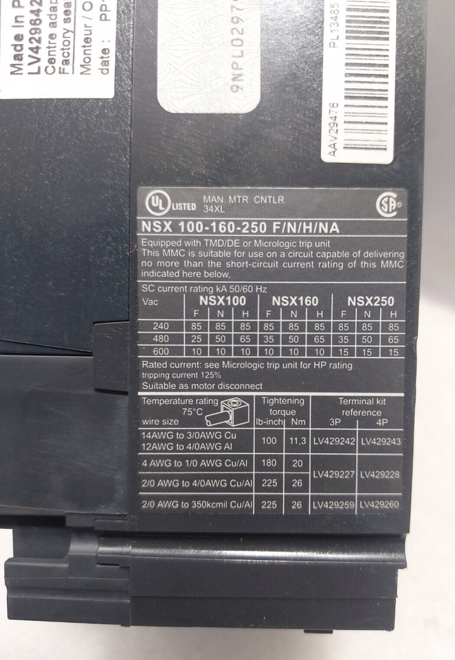 Schneider Electric NSX100F Circuit Breaker Ui 800V Uimp 8kV TM63D 500A ...