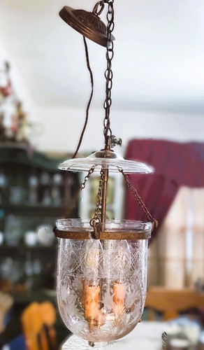 Etched Three Light Bell Jar Ceiling Lamp with Ornate Brass Band | eBay