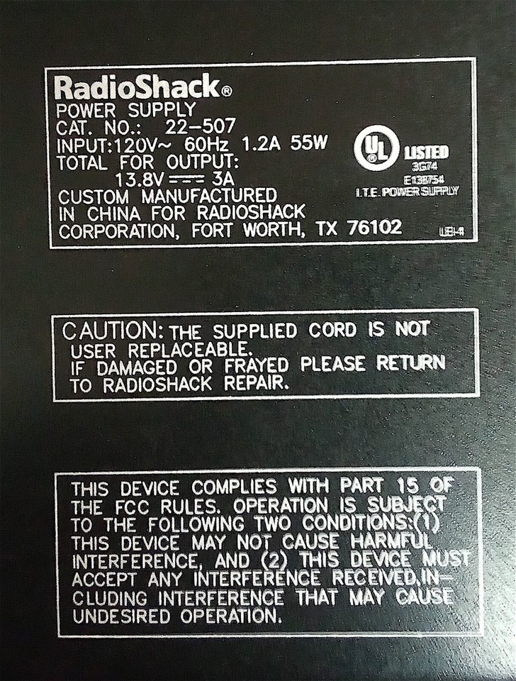 Radio Shack 22-507 Switching Power Supply 3amp 13.8vdc 12V Auto Socket ...