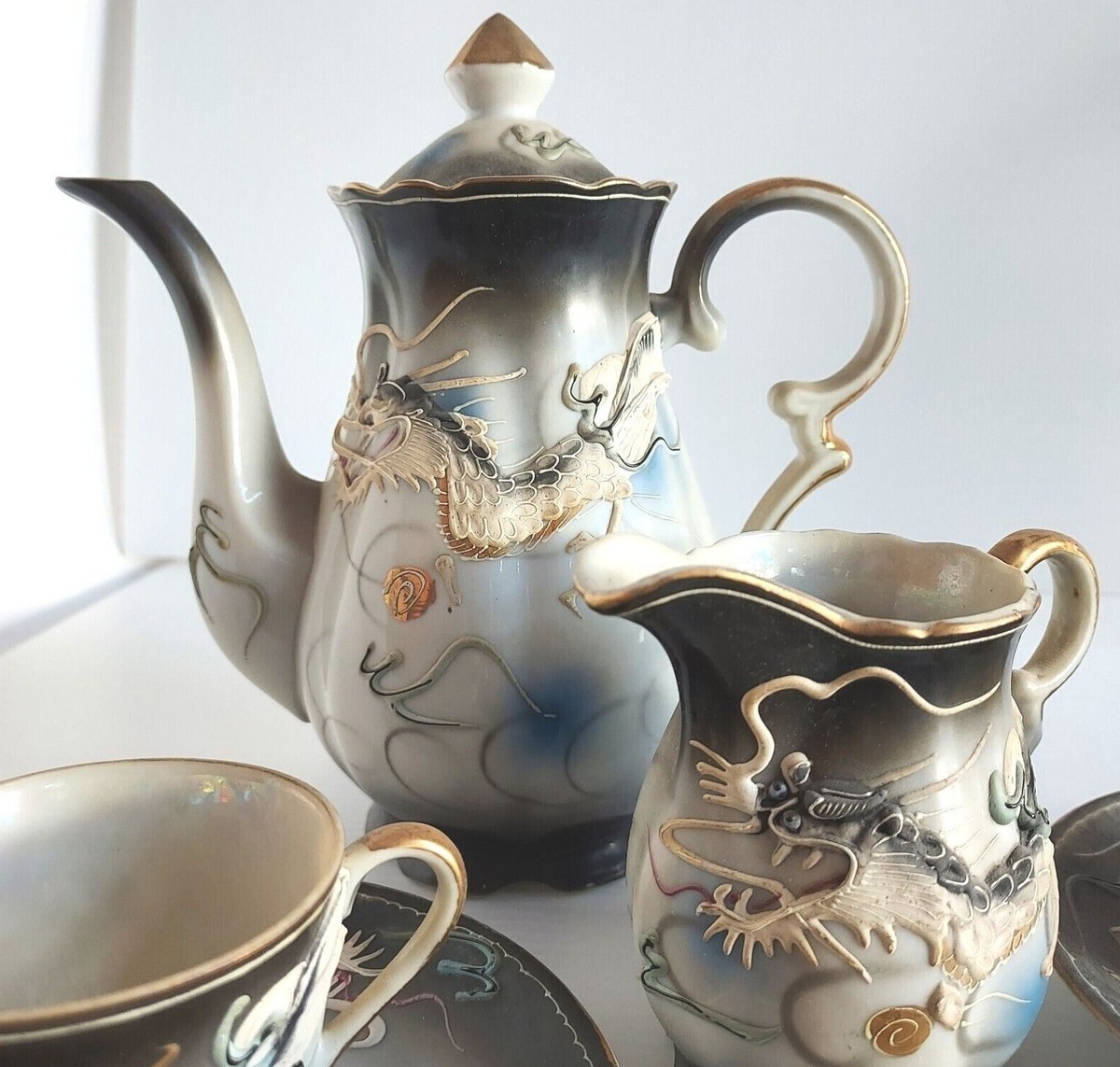 8 Pc Vintage OMC Japanese Tea Set Dragon Pattern Porcelian Ceramic ...