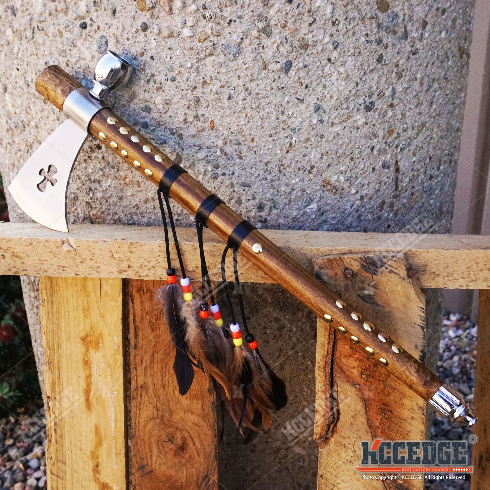 19" NATIVE AMERICAN TOMAHAWK REPLICA PEACE PIPE Real Wood Handle w ...