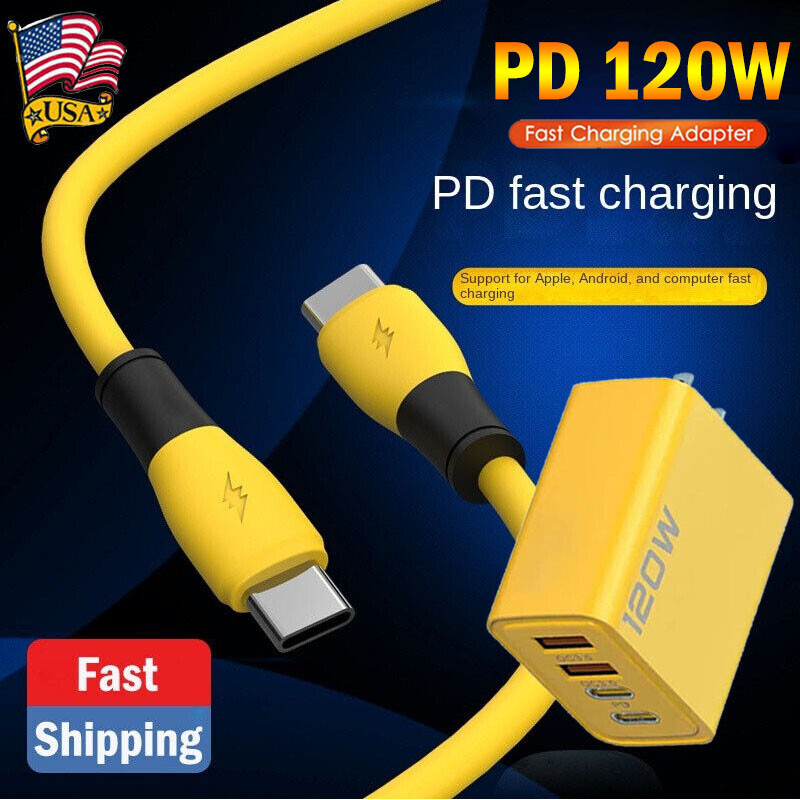 120W 4-Port USB C Fast Wall Charger Block ,PD 4FT Cable For All Cell ...