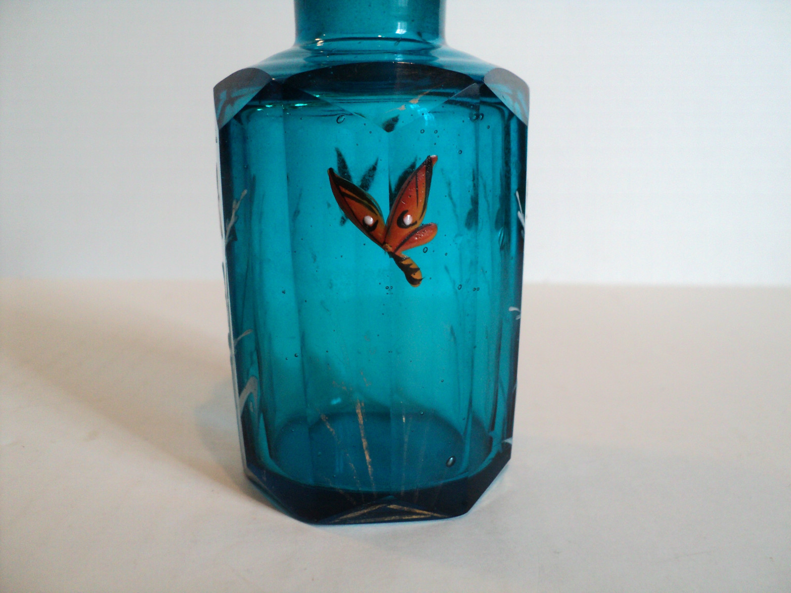 ANTIQUE AQUA/TEAL ART GLASS COLOGNE BOTTLE, HAND ENAMELED BUTTERFLIES ...