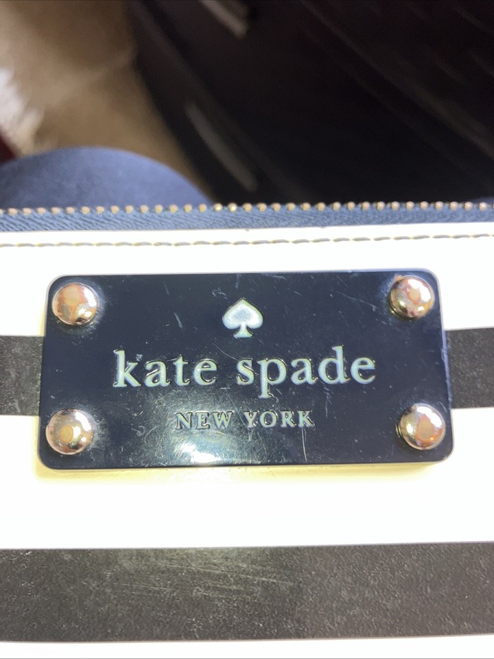 Kate spade New York ZIP Around Cow Hide Leather Stripped Pattern Black ...