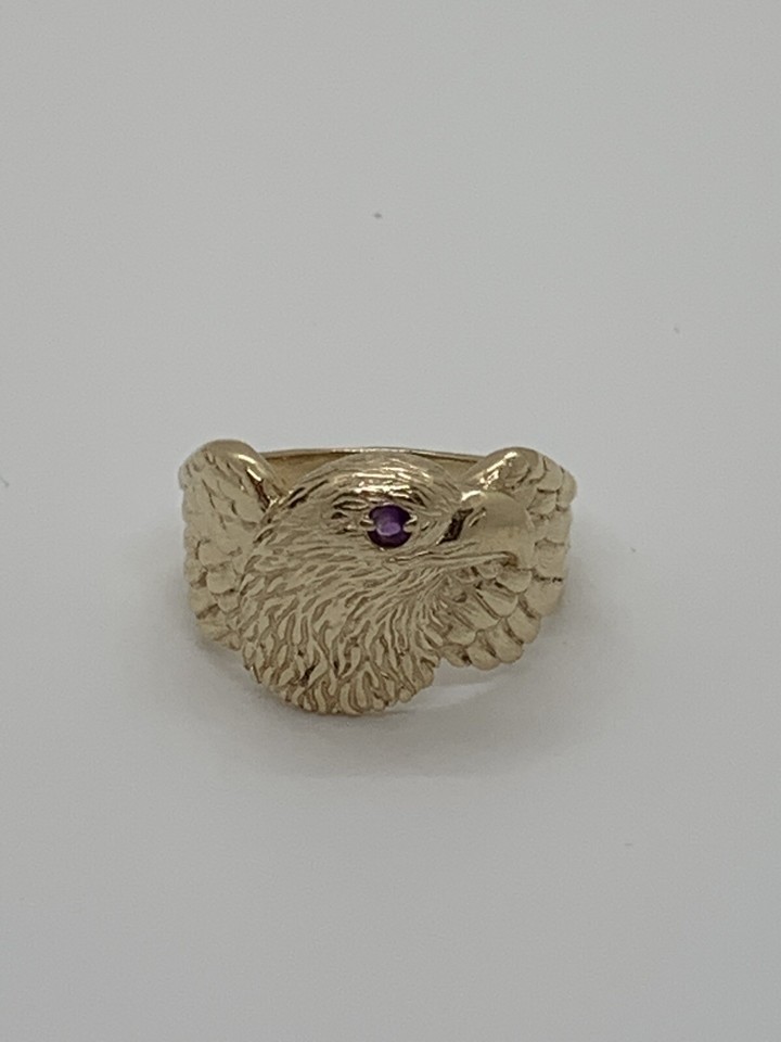10k Yellow Gold Raven / Eagle Ring With Purple Amethyst Stone Eye Size ...