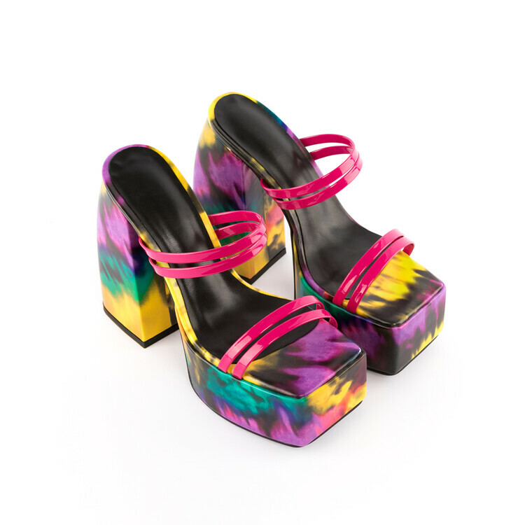 Womens New Fashion Multicolor Platform Block Heel Slipper Sandal Shoes ...