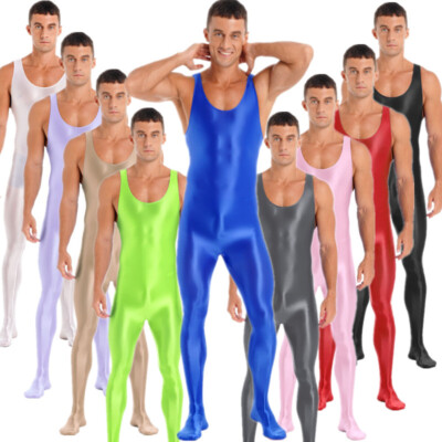 Mens Shiny Glossy Sleeveless Full Bodysuit Sports Unitard One-piece ...