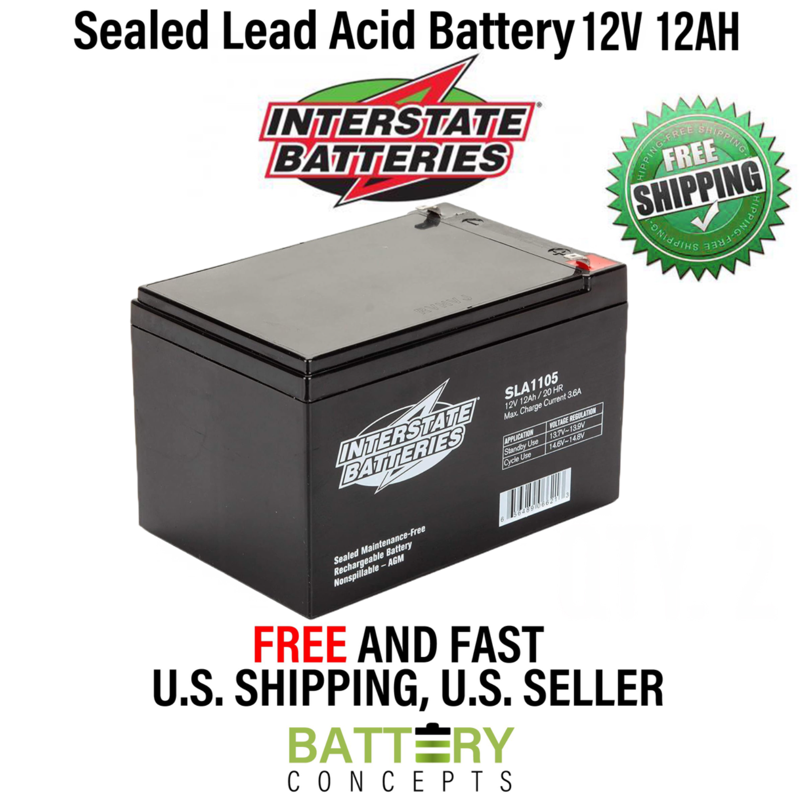 Lawn Mower INTERSTATE Batteries 12V 12Ah F1 terminal SLA Sealed Lead ...