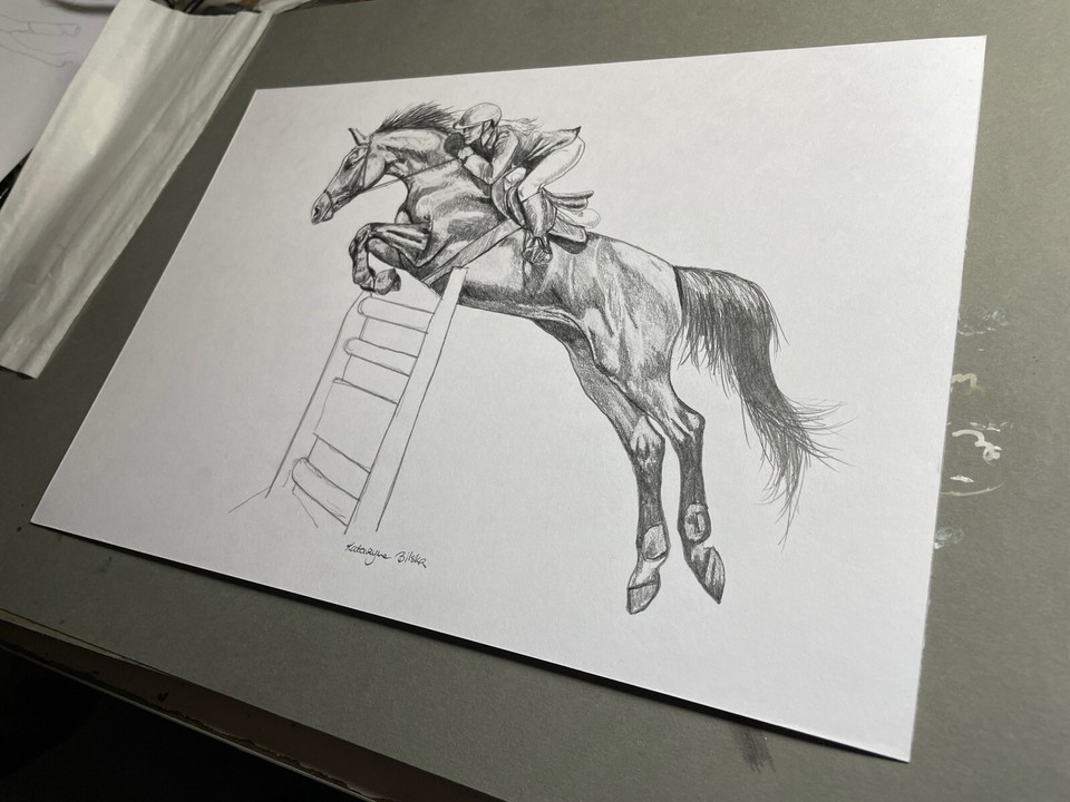 Original Drawing Art Pencil sketch horse riding show jumping power 8 ...