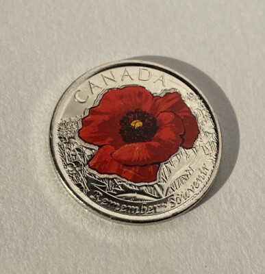 Canada 2015 Remembrance Day Flanders Field Big Poppy Coloured 25 Cent ...