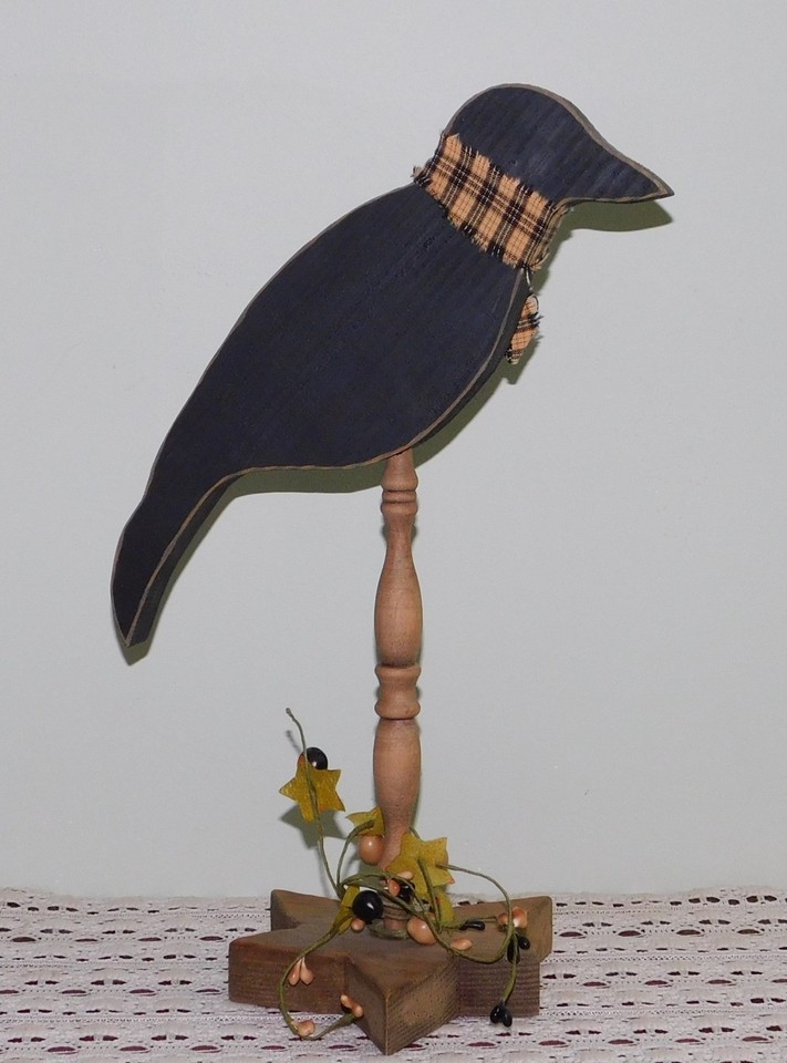 HANDMADE 14" WOODEN CROW ATOP STAR & SPINDLE FOLK ART PRIMITIVE COUNTRY ...