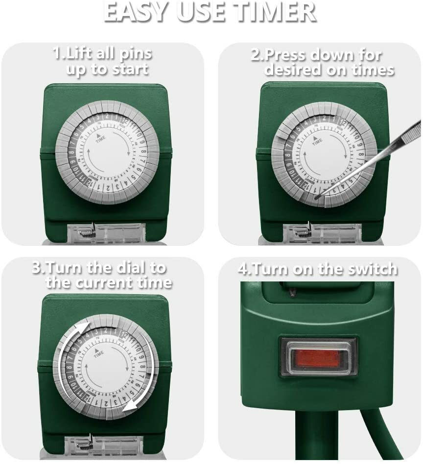 Power Stake Timer, Outdoor 6 Grounded Outlets Mechanical Timer with 12 ...