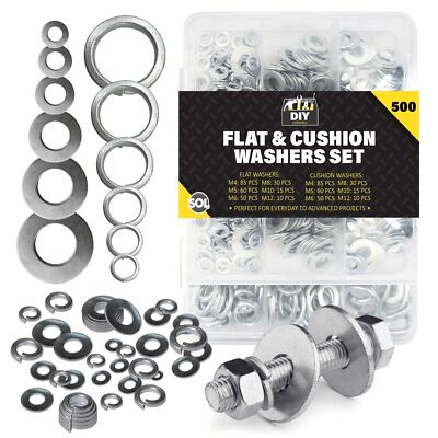 500-1000 Flat Washers Set Assorted Box M4 M5 M6 M8 M10 M12 Spring Rust ...