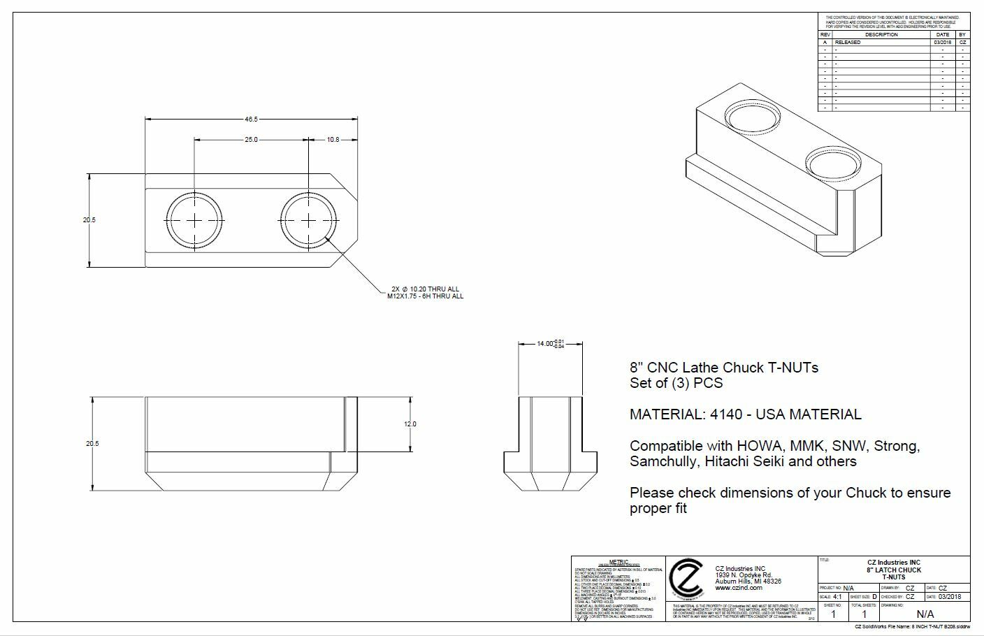 CZ 8" JAWS T-NUT 3 PCS FOR B-208 SAMCHULLY KITAGAWA LATHE CHUCKS 4140 ...