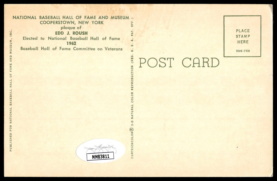 Edd Roush SIGNED AUTO Cincinnati Reds HOF Plaque Postcard w/ JSA (d ...