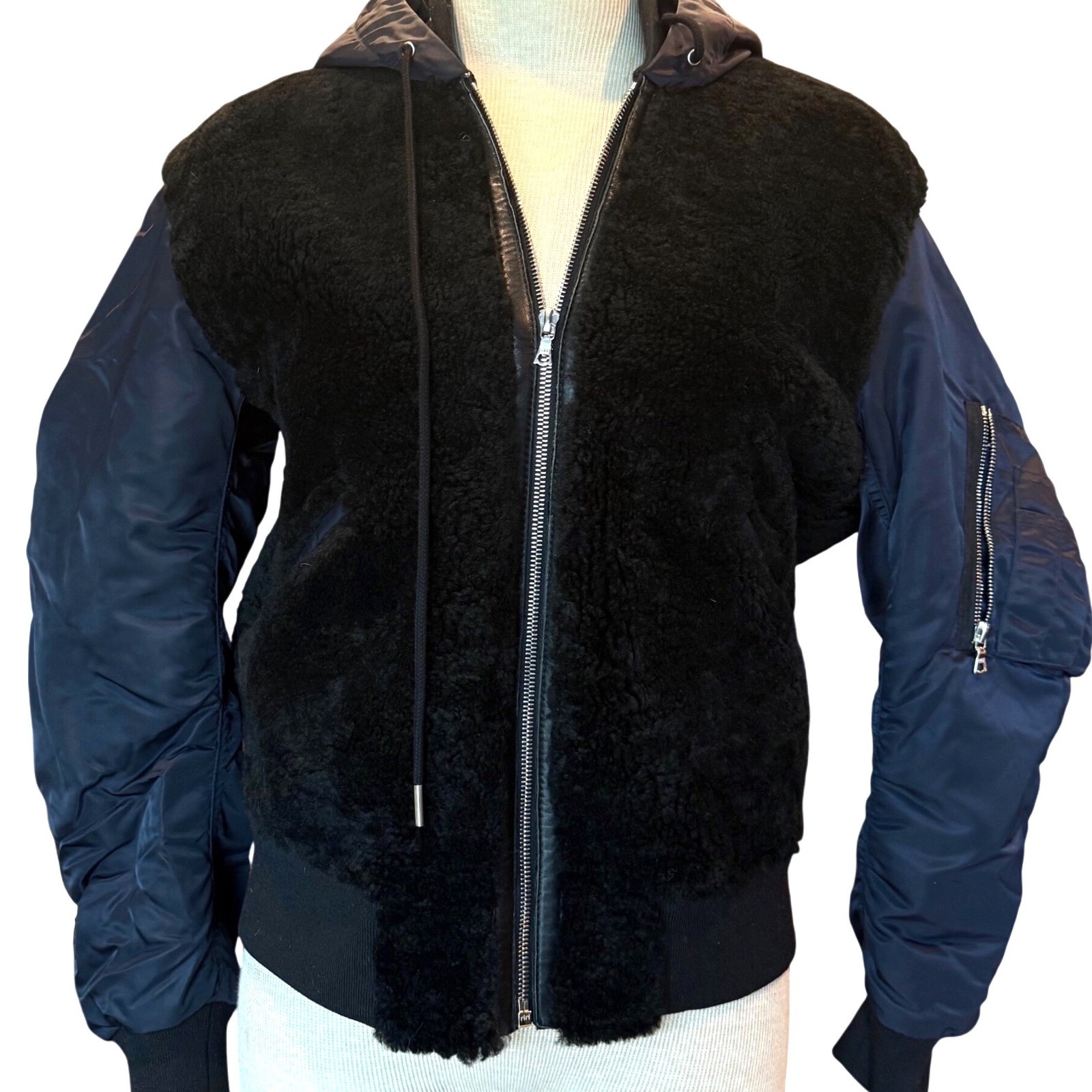 Sandro Paris Shearling Bomber Jacket Black Navy Lamb … - Gem