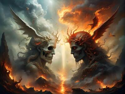 Heaven Meets Hell Angel Demon Fire Clouds Landscape Surreal Art Poster ...