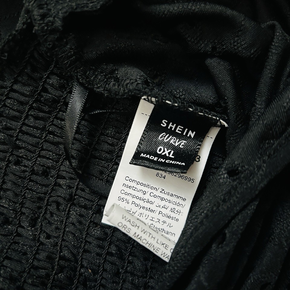 Shein Curve Womens Size 0XL Short Sleeve Puffy Sleeve Black Blouse Tie ...