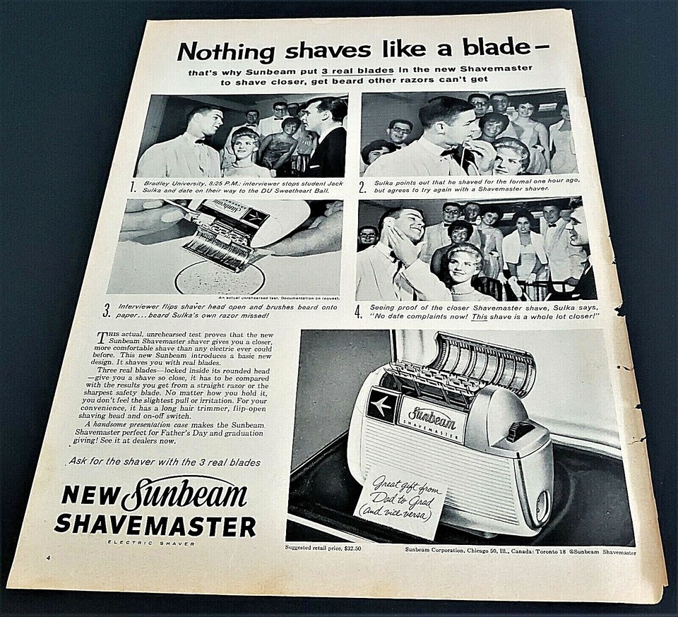SUNBEAM SHAVEMASTER~1961~Original VINTAGE Magazine Print Ad~Electric ...