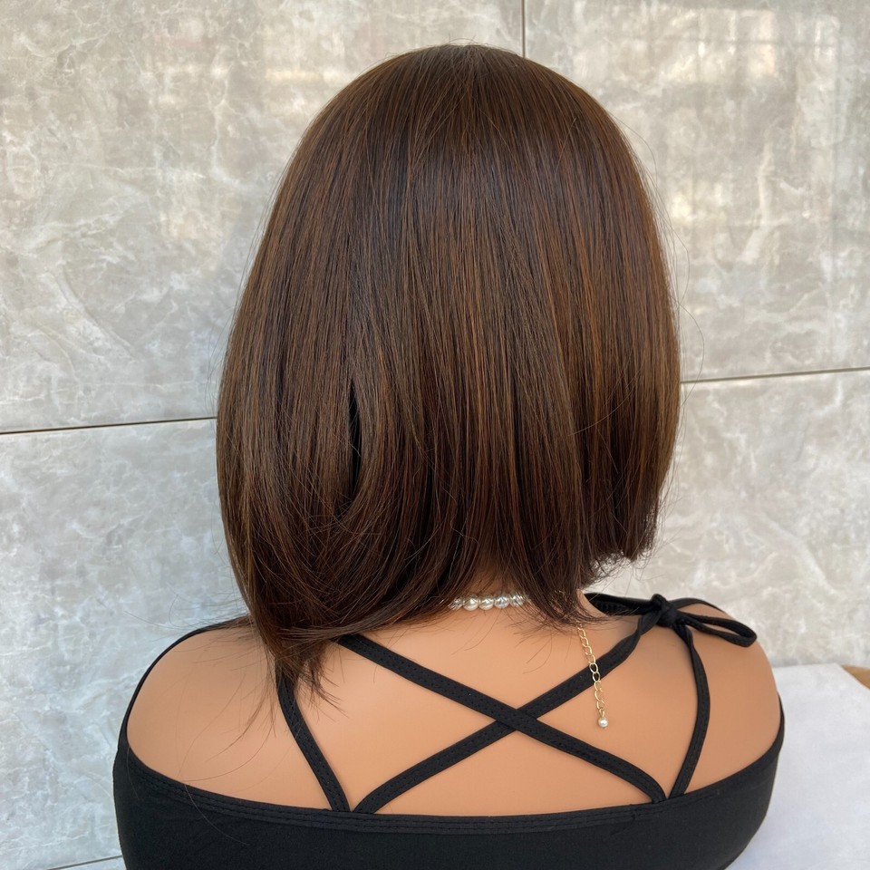 Soft Bob Dark Brown Human Hair Blend Heat Ok Wigs Middle Part Women ...